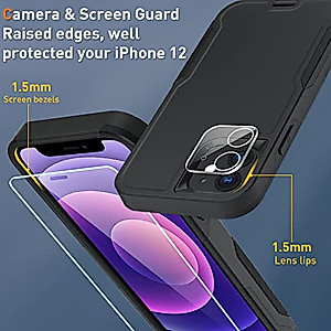 Xmon for iPhone 12 case [Shockproof] [Dropproof] [Tempered Glass Screen Protector with Camera Lens Protector] Heavy Duty Phone Case Cover for Apple iPhone 12 and iPhone 12 Pro 6.1 inch (Black)