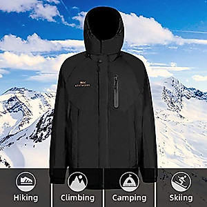 WHATWEARS Men's Winter Coats Waterproof Ski Jacket for Men Snow Coat Windproof Mountain Jackets with Hooded, Black, L