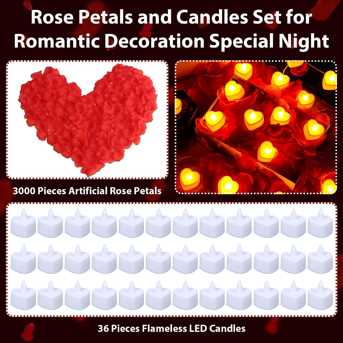 Flasoo Rose Petals and Candles Set for Romantic Decoration, 3000 Pcs Red Rose Petals and 36 Pcs Heart Candle Lights for Special Night, Wedding, Anniversary, Valentine Day for Hotel and Bedroom Decor