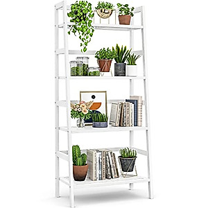 Homykic Ladder White Bookshelf, 4-Tier Bamboo Ladder Shelf 49.2” Book Shelf Bookcase Floor Freestanding Bathroom Storage Rack Plant Stand for Small Space, Bedroom, Living Room, Easy to Assemble