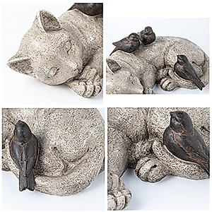 LC LCdecohome Sleeping Cat Garden Statues Outdoor - Sparrows On Cat Figurine 12" x 8" x 4.5"