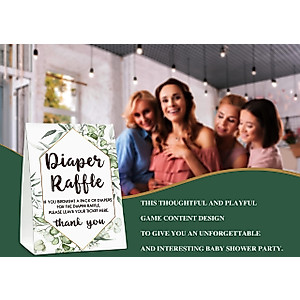 Diaper Raffle Baby Shower Game Set(1 Standing Sign + 50 Guessing Cards), Greenery Diaper Raffle Tickets for Baby Shower, Gold Foil Baby Shower Party Favor Decor - A12