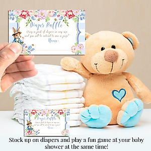 Little Rabbit Floral Themed Diaper Raffle Tickets for Boy Baby Showers, 20 2" X 3” Double Sided Insert Cards for Games by AmandaCreation, Bring a Pack of Diapers to Win Favors & Prizes!