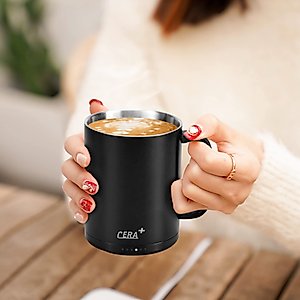 Temperature Control Smart Mug with Lid, 14oz, Self Heating, 1.5-hr Battery Life + Type-C Charging Coaster，APP or Manual Controlled, On/Off Time Preset by APP, Double Layers S.S, Gift-Packing