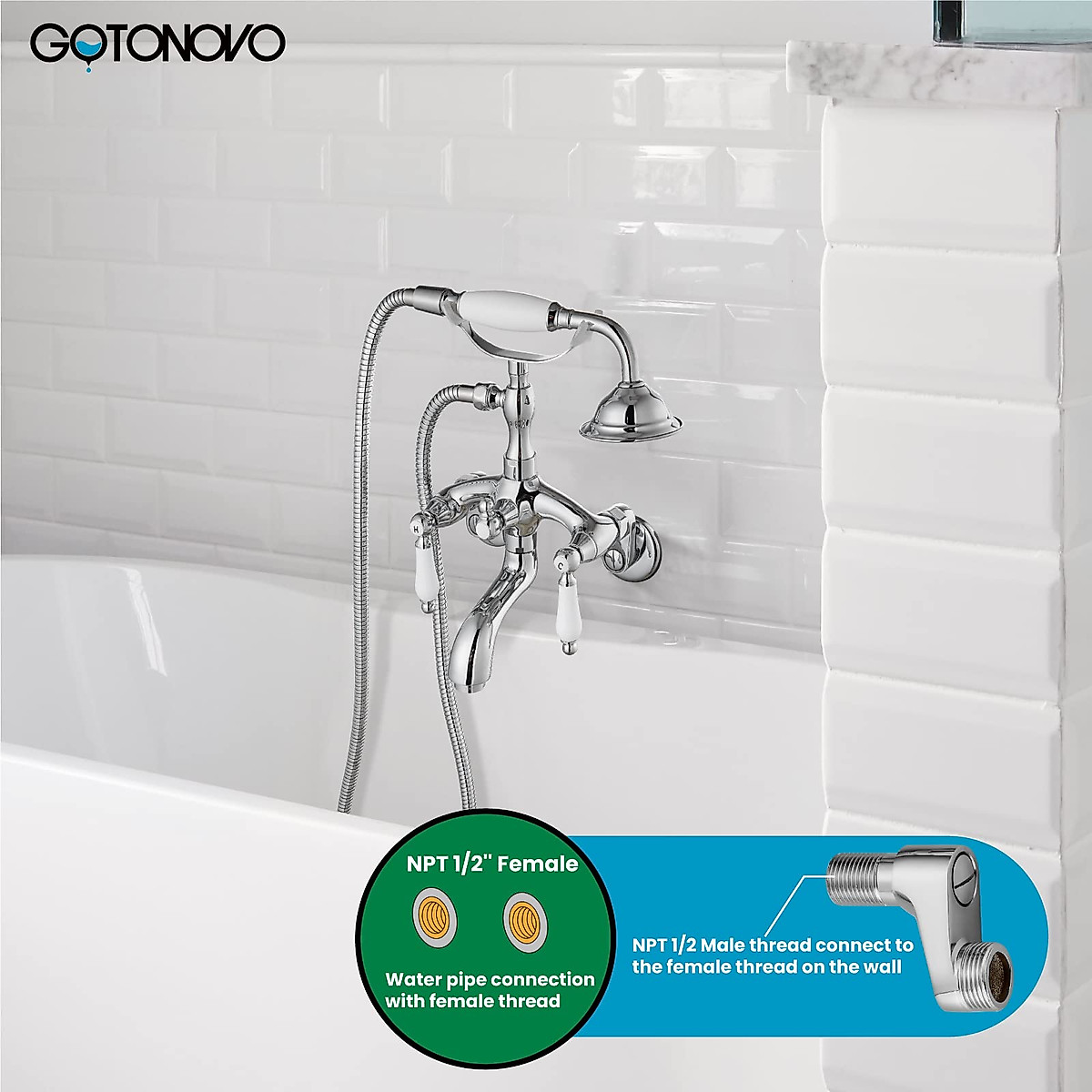 gotonovo Polish Chrome Clawfoot Tub Faucet Wall Mount Hand Held Shower Bathtub Faucet Set Double Level Handle with 6 Inch Center with Adapter Adjustable Swing Arms