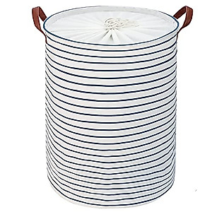 DOKEHOM 20-Inches Freestanding Laundry Basket with Lid, Collapsible Large Drawstring Clothes Hamper Storage with Handle (Blue Stripe, L)