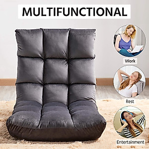 Yaheetech Floor Folding Chair with Back Support, Padded Folding Gaming Sofa Chair with 14 Adjustable Backrest, Adults Couch Recliner, Floor Seating Lounge Chair, Armless Meditation Chair, Gray