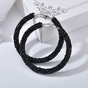 Aimimier Bridal Crystal Hoop Earrings Sparkling Rhinestone Large Round Loop Earrings Crystal Paved Wedding Prom Party Festival Jewelry for Women(Black)