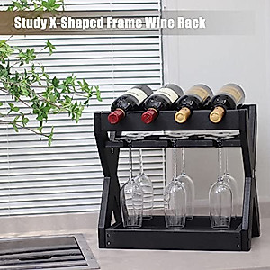 KORVOS Countertop Wine Racks with Glass Holder，4 Bottles Small Wine Rack,High-Density PE Tabletop Wine Bottle Holder for Kitchen, Living Room, Wine Cellar,Bar(Black Color)