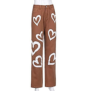 N/ D Women's Patchwork Pants Hight Waist Distressed Straight Wide Leg Denim Jeans Fashion Pencil Trousers (Brown Heart, S)