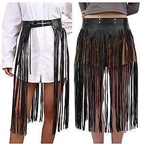 Ayliss Women Tassel Fringe Skirt Belt Punk Waist Dress Belt Vintage PU Leather Waistband Rocker Dance Performance Costume (Black)
