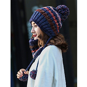 HUAMULAN Women Winter Beanie Hat Circle Scarf Set Pompoms Peruvian Ski Snow Ear Flaps Sherpa Knit Hats Fleece Lined Slouchy