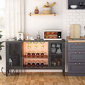 Homieasy Wine Bar Cabinet with Led Lights and Power Outlets, Industrial Coffee Bar Cabinet for Liquor and Glasses, Farmhouse Bar Cabinet with Removable Wine Racks, Black Oak