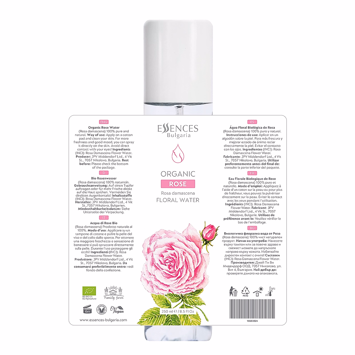 Essences Bulgaria | Organic Rose Floral Water 8.5 Fl Oz | 250ml | Rosa damascena | 100% Pure and Natural | Anti-Age Refreshing Beauty Mist | Alcohol-Free | Makeup Remover | Hydrating | Vegan