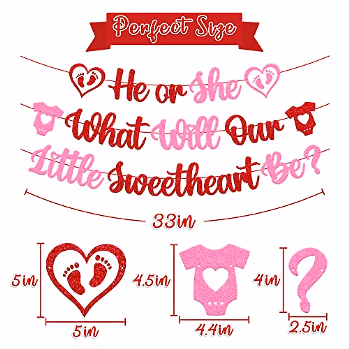 He or She What Will Our Little Sweetheart Be Banner Happy Valentine’s Day Theme Pink Red Glitter Gender Reveal Baby Shower Party Decorations Supplies