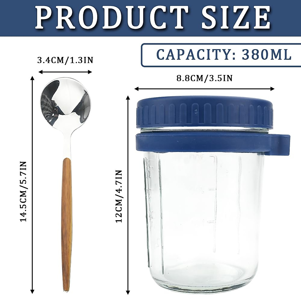 Overnight Oats Jars with Lid and Spoon 380ml Overnight Oats Jars Reusable Yogurt Holder and Cereal Mason Jars with Meter for Salads Milk Cereal Fruit etc (1) (A)