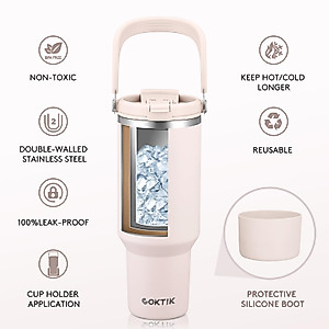 COKTIK 40 oz Tumbler with Handle and Straw, Double Insulated Tumblers with Flip Straw and Top Handle, Leakproof Tumbler, Stanley Cup, Insulated Water Bottle (Rose Quartz)