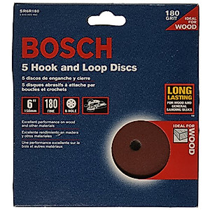 BOSCH SR6R180 5-Piece 180 Grit 6 In. 6 Hole Hook-And-Loop Sanding Discs , Red