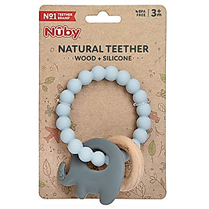Nuby Natural Wood & Silicone Teether Ring: 3 M+, Elephant, Gray