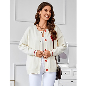 FindThy Women's Cute Cardigan Sweater Kawaii Love Heart Print Y2K Button Knitted Outerwear(0335-Beige-OneSize-LB)