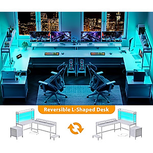 Furologee White L Shaped Gaming Desk with LED Strips and Power Outlets, 64" Reversible L Computer Office Desk with Pegboard and Fabric File Drawer, Coner Desk with Monitor Stand and Hutch