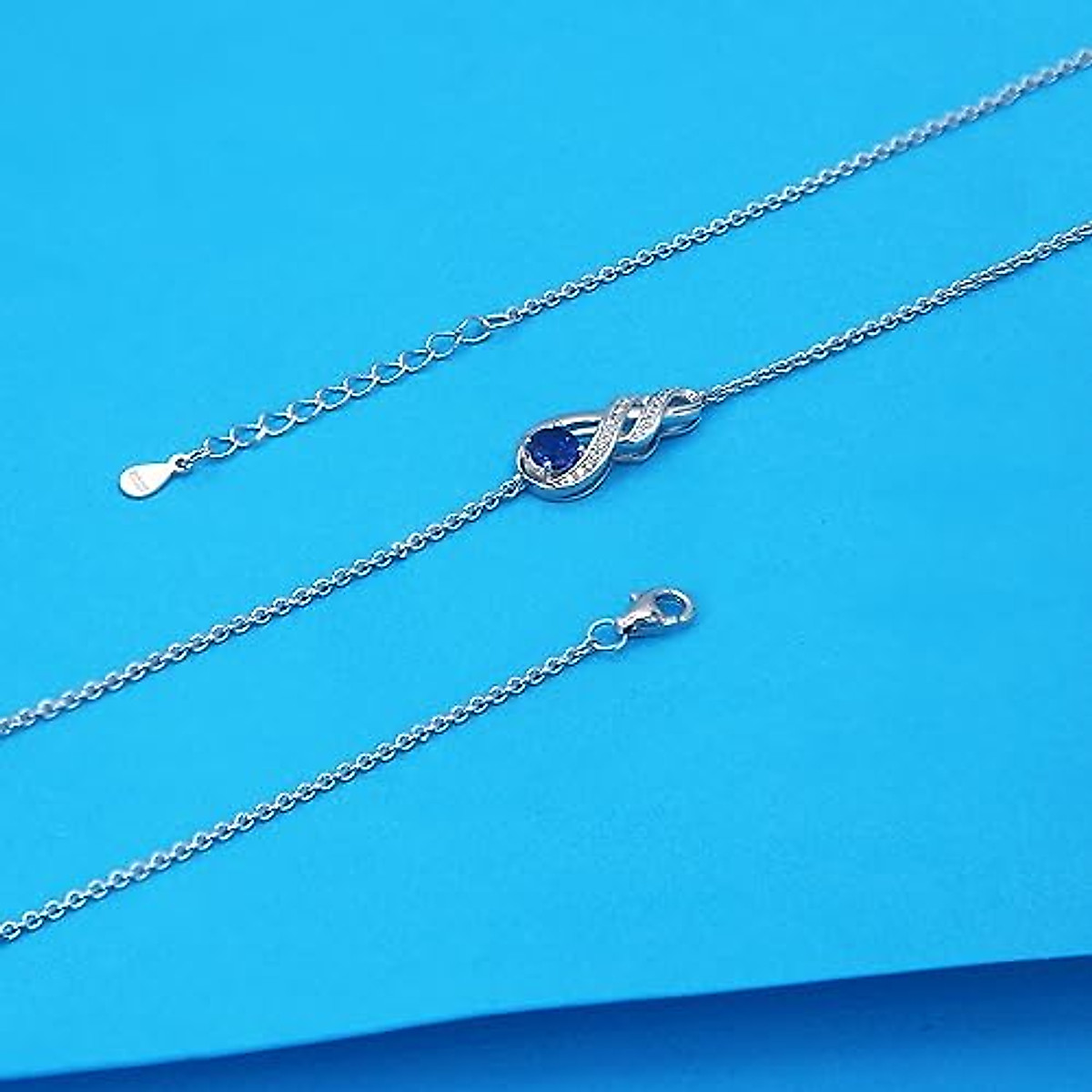 LOCIBLO September Birthstone Bracelets for Women Girls 925 Sterling Silver Blue Synthetic Sapphire Bracelet White Gold Infinity Pendant Anniversary Birthday Gifts Jewelry for Her, 6.7"+1.2"