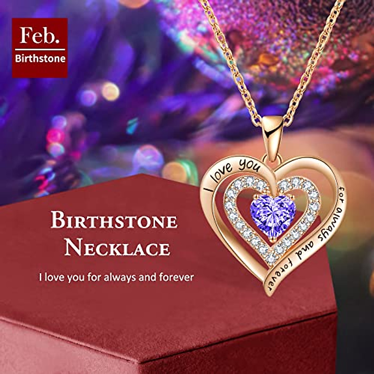 Women's Jewelry Birthstone Necklace for Wife Valentine’s Day for Girlfriend Wife Heart Pendant with Amethyst Necklaces for Her on Birthday Mother's Day Anniversary Christmas (Rose Gold-Feb-Amethyst)