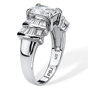 PalmBeach Yellow Gold-Plated or Platinum-Plated Sterling Silver Emerald Cut & Baguette Cubic Zirconia Step Cut Engagement Ring Size 6
