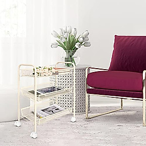 ruishetop Rolling Push Cart Stand Shelves, Storage Rack with Wheels with Mesh Wire Basket, Multifunction Metal Trolley Organizer for Home, Office, Bedroom, Bathroom, Kitchen (3-Tier Rack Beige)