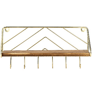 MyGift 12.4 Inch Brass Wall Key Holder Organizer Rack, Decorative Wall-Mounted Entryway Floating Wood Shelf with 6 Key Hooks