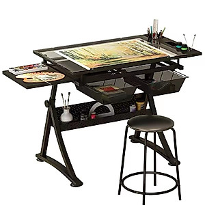Landpink Glass Drafting Table Art Desk – Adjustable Professhional Artwork Drawing Drafting Table Desk, Glass-Topped Art Table for Craft Station Studio Home Office School w/Drawers/Chair – Black