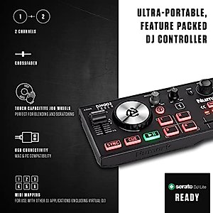 Numark DJ2GO2 Touch – Compact 2 Deck USB DJ Controller For Serato DJ with a Mixer / Crossfader, Audio Interface and Touch Capacitive Jog Wheels,Black