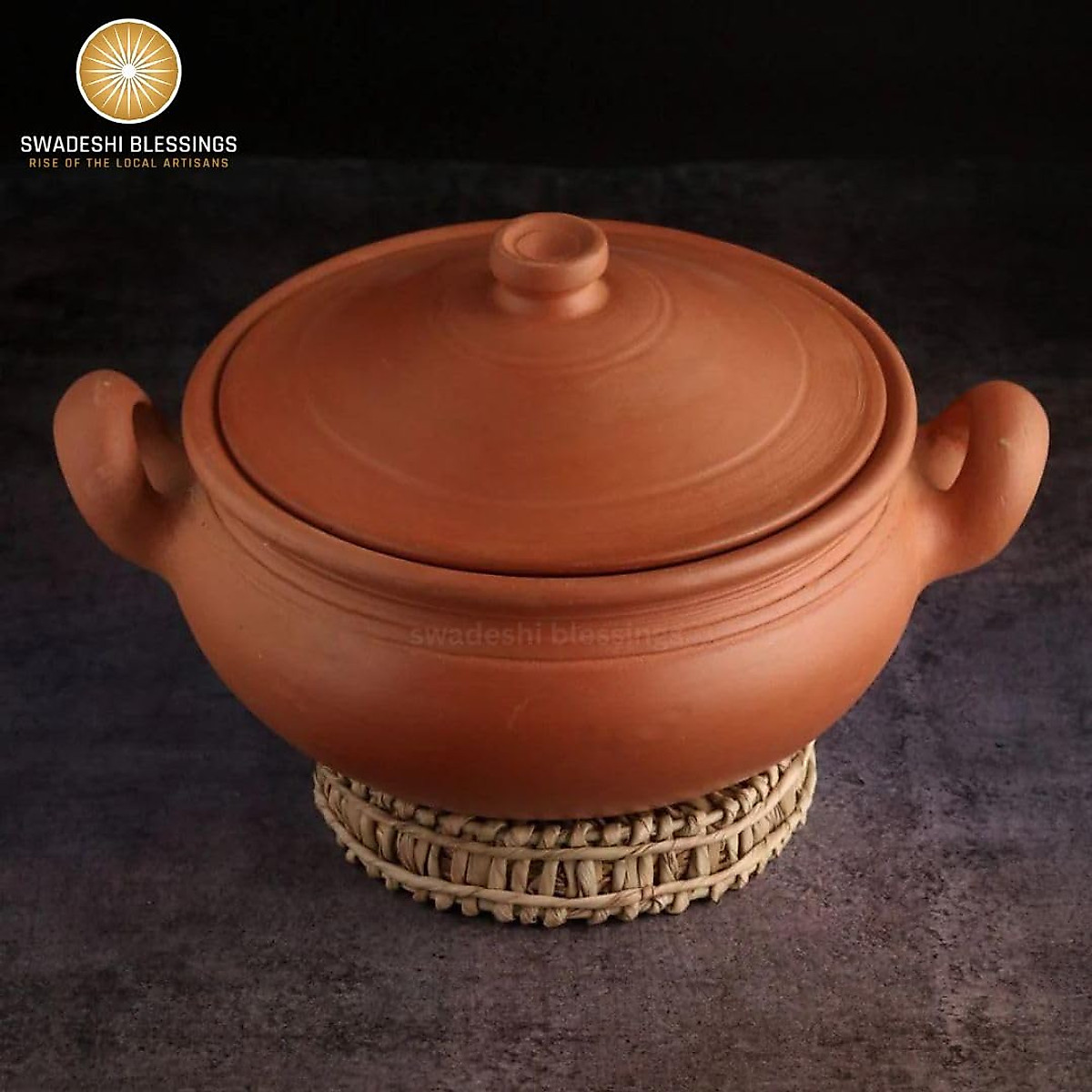 Swadeshi Blessings Exclusive Range Unglazed Clay Pot For Cooking & Serving with Lid/Earthen Kadai/Mud Handi/Mitti Ke Bartan (With Mirror Shine) + FREE ASH For Cleaning (2 Liters)