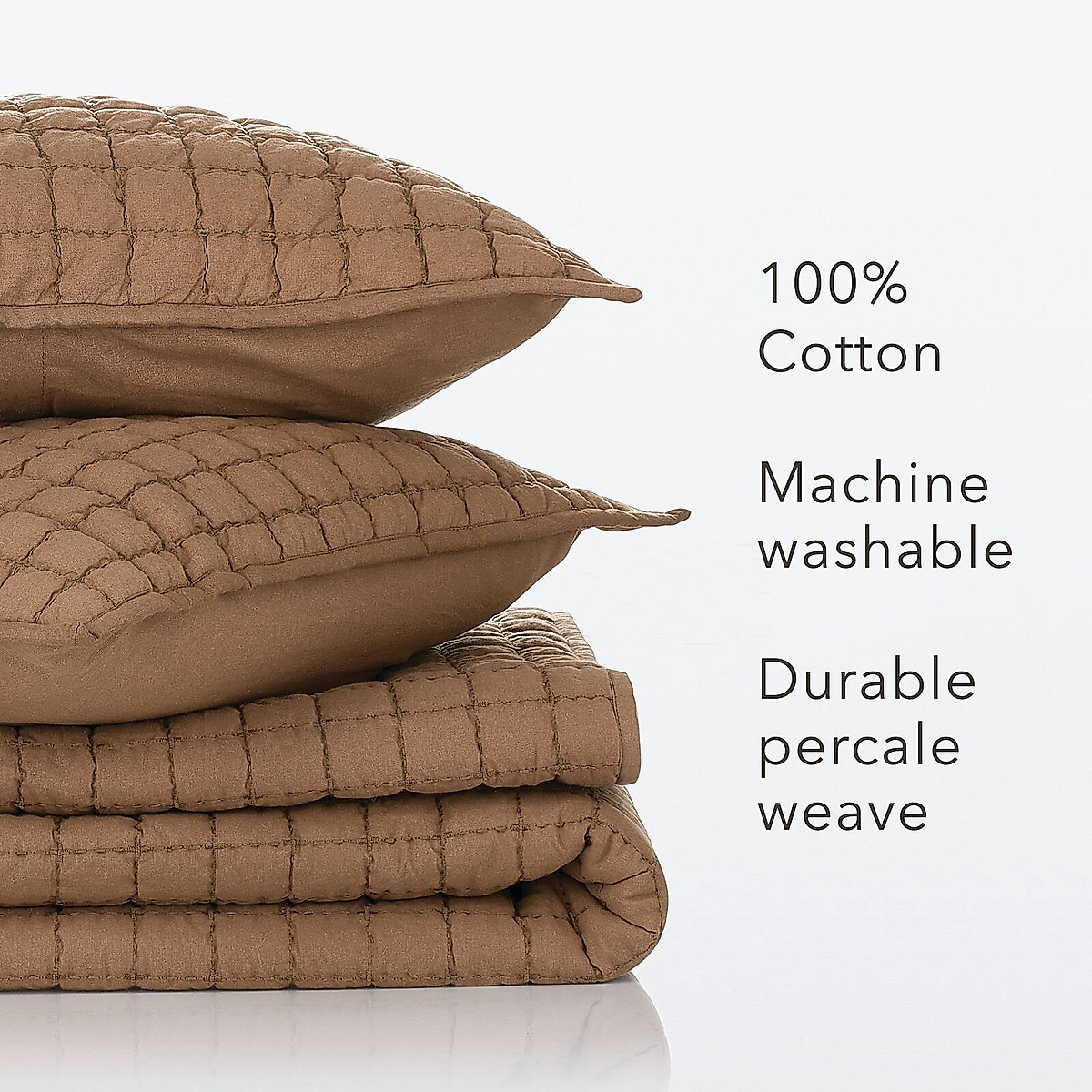 Nate Home by Nate Berkus Solid All-Season Cotton Textured Quilt Set | Breathable and Comfortable Bedding from mDesign - Full/Queen Size - 1 Quilt/2 Pillow Shams, Truffle (Brown)