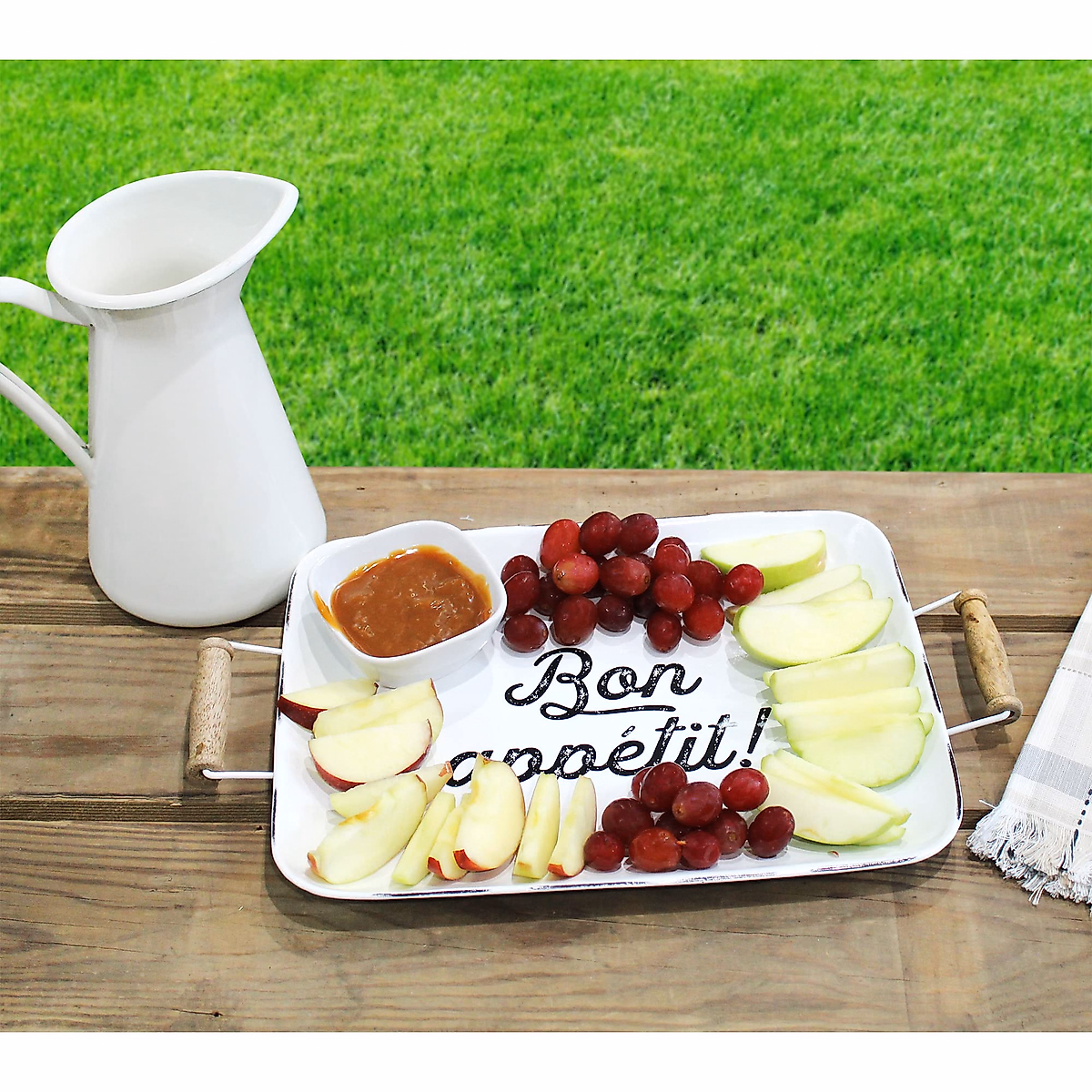 AuldHome Enamelware Bon Appetit Tray (White); Distressed Farmhouse Style Metal Decorative Serving Platter