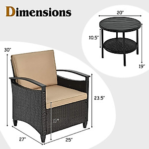 Tangkula 3 Piece Rattan Sofa Set, Patio Conversation Bistro Set w/Coffee Table, Seat and Back Cushions, Sturdy Steel Frame, Outdoor Furniture Set for Garden, Backyard, Balcony, Poolside