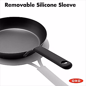 OXO Obsidian Pre-Seasoned Carbon Steel, 12" Frying Pan Skillet with Removable Silicone Handle Holder, Induction, Oven Safe, Black