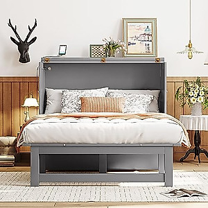DEINPPA Murphy Bed Chest Full Size, Murphy Cube Cabinet Bed with Charging Station and Adjustable Shelves On Both Sides, for Small Spaces, Guest Room Lounge or Office, Apartment-Grey