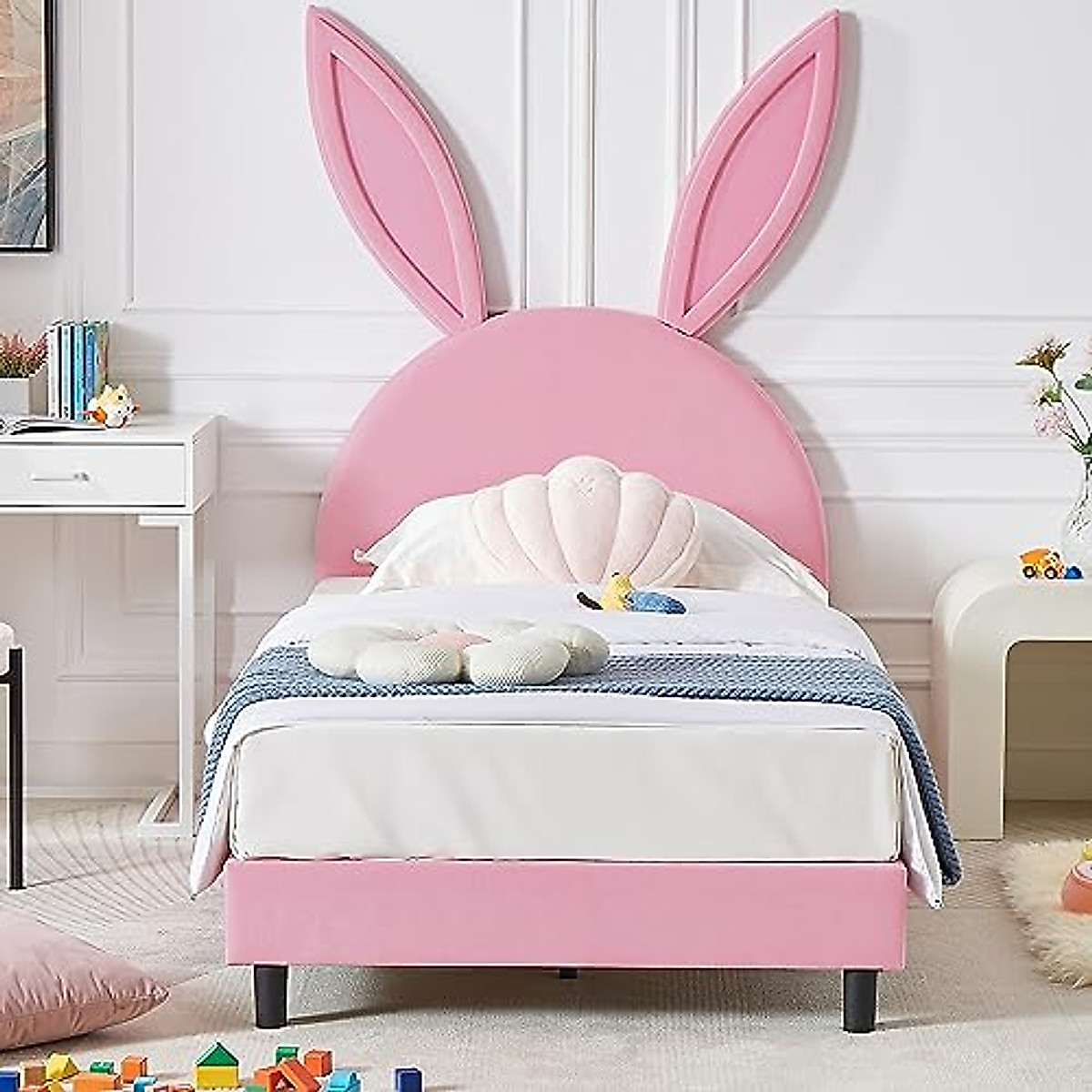 VECELO Kids Twin Bed Frame with Upholstered Headboard, Princess Beds for Girls, 12 Wooden Slats Support, No Boxing Spring Needed
