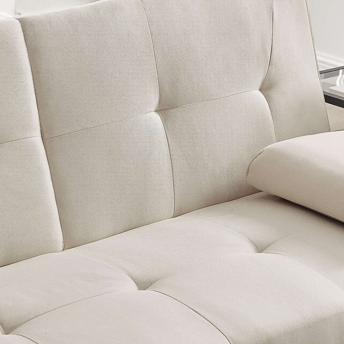 Verfur Modern Convertible Folding Futon Sofa Bed with Removable Armrests, Linen Fabric Upholstered Adjustable Recliner Couch Daybed Loveseat with 2 Cup Holders for Living Room Furniture Sets