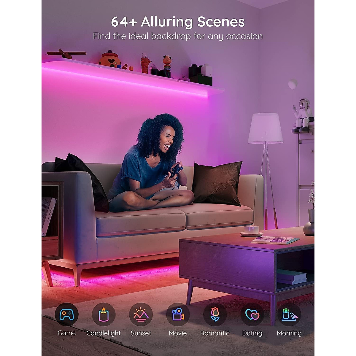 Govee 100ft LED Strip Lights, Bluetooth RGB LED Lights with App Control, 64 Scenes and Music Sync LED Strip Lighting for Bedroom, Living Room, Kitchen, Party, ETL Listed Adapter