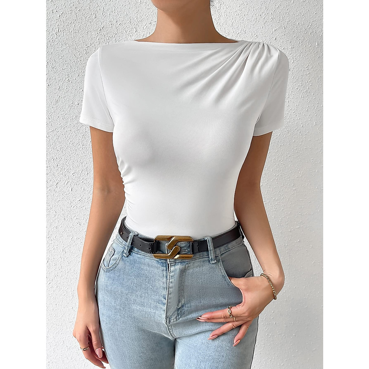 Verdusa Women's Ruched Boat Neck Short Sleeve Slim Fitted Tee T Shirt Top White M