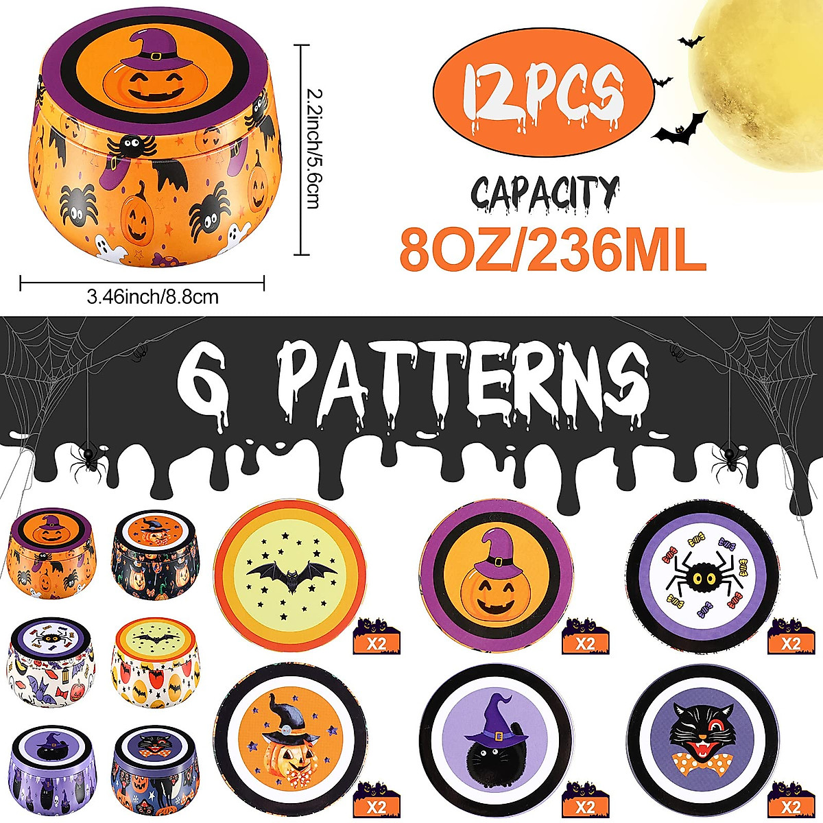 12 Pack Halloween Cookie Tins with Lids 8 oz Candle Jars for Making Candles Large Capacity Round Tinplate with Lids Cookie Containers for Storing Candies Biscuits Treat Small Gift(Halloween)