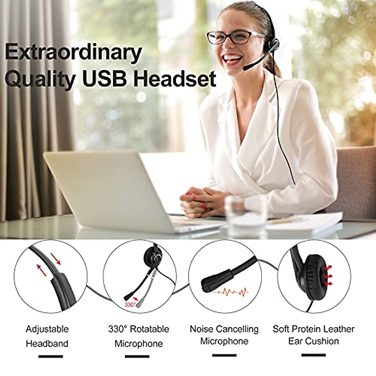 EMAIKER USB Headset with Microphone for Office Call Center Telework, Lightweight 1 Ear USB-A Headset with Noise Cancelling Microphone for Laptop for Webinar, 3CX, Teams, Zoom, Conference,Dictation