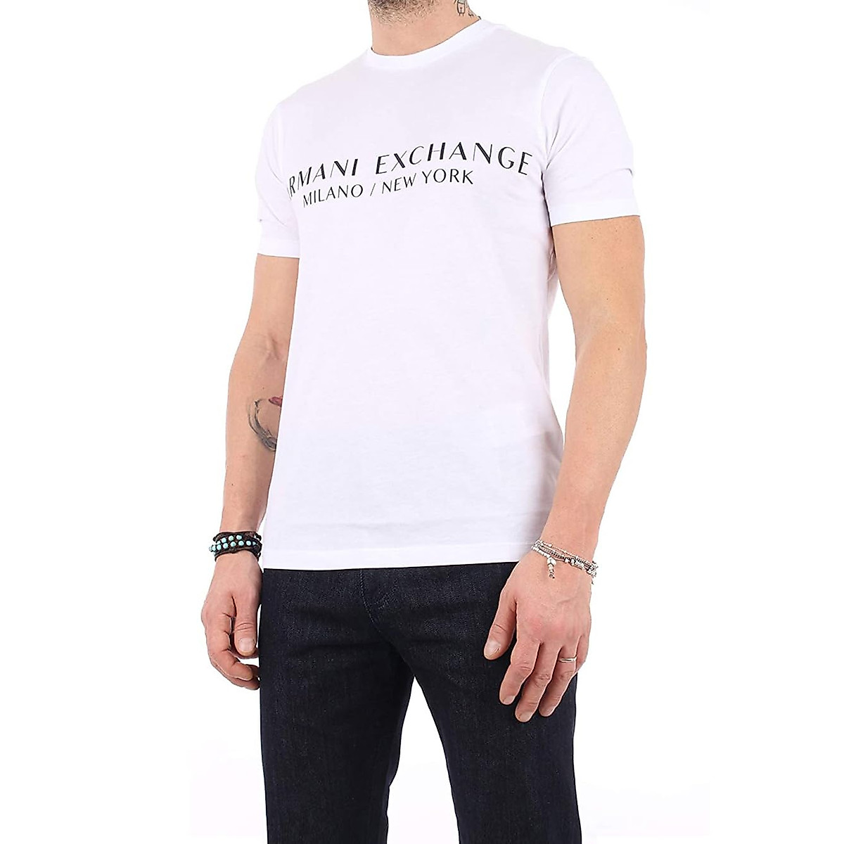 A｜X ARMANI EXCHANGE Men's Short Sleeve Milan New York Logo Crew Neck T-Shirt, White, L