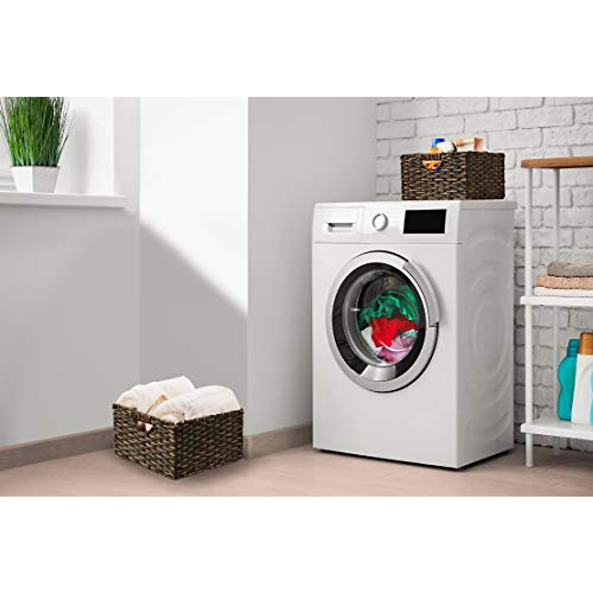 Seville Classics Premium Hand Woven Portable Laundry Bin Basket with Built-in Handles, Household Storage for Clothes, Linens, Sheets, Toys, Mocha Brown, Rectangular (2-Pack)