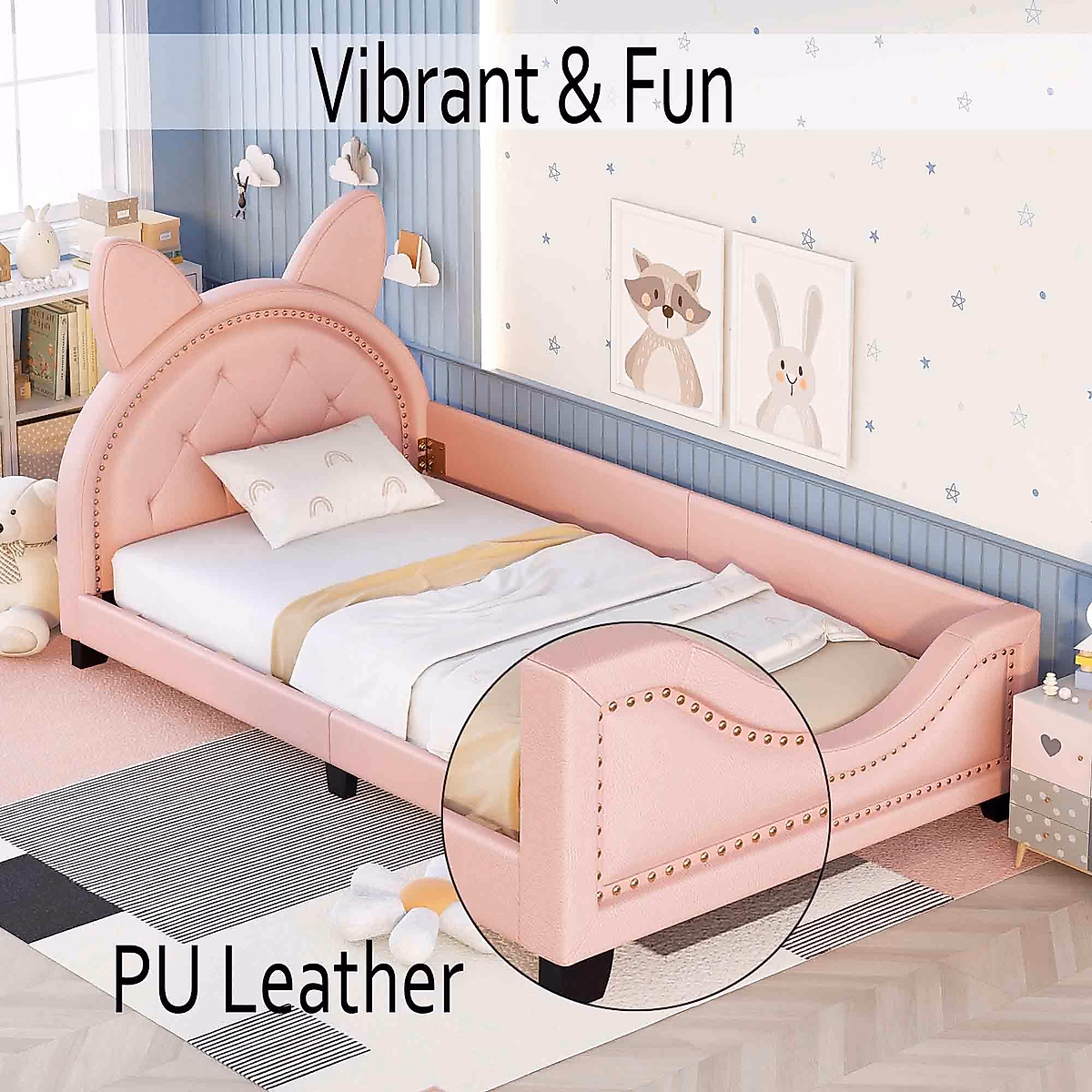 RIDFY Daybed with Headboard, Rabbit-Shaped Camas, Wood Twin Platform Bed Frame for Girls Boys, Cute Upholstered Sofa Bed, PU Leather, Space-Saving, No Box Spring Needed (Pink)