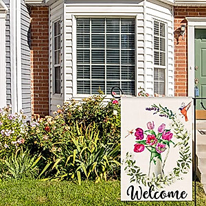 Pinknoke Spring Floral Garden Flag 12x18 Inch Small Size Vertical Double Sided, eucalyptus garland Tulip Burlap Summer Outdoor Seasonal Yard Welcome Decoration (Garden Size / 12.5 x 18 Inch)