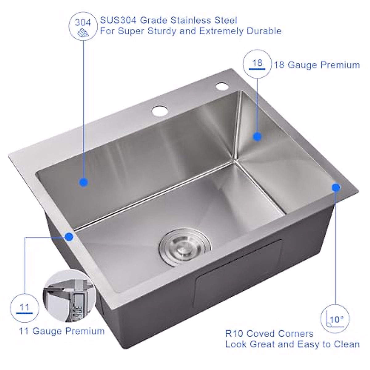 MENATT 20-inch Drop in Kitchen Sink, SUS304 Stainless Steel Top-Mount Handmade Kitchen rv Sink, Single Bowl Sink with Basket Strainer, 20"*16"*9" (Brushed)