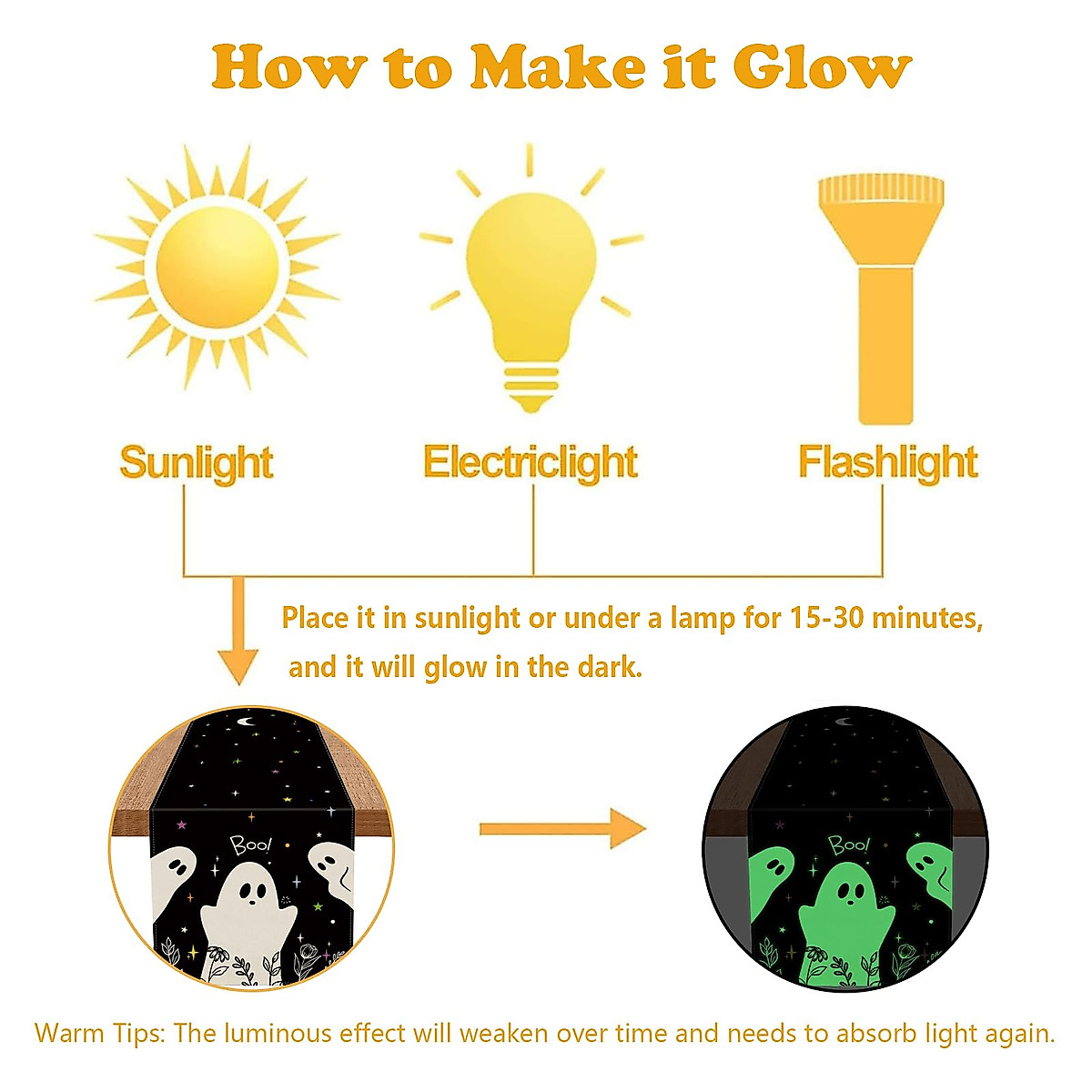 Halloween Luminous Table Runner Cute Ghost Floral Stars Noctilucent Runner Farmhouse Holiday Home Party Kitchen Dining Table Glow in The Dark Indoor Outdoor Decoration 13x72 Inch